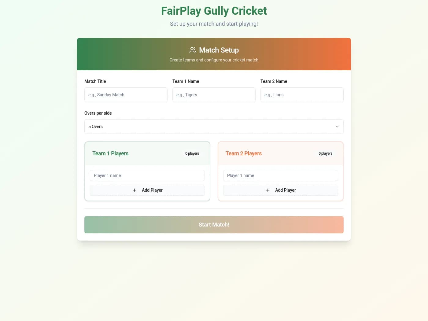 FairPlay Gully Cricket: Real-Time Match Setup and Live Score Tracker