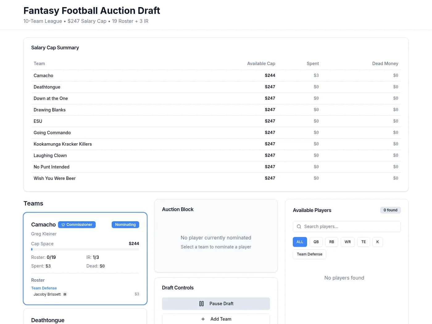 Fantasy Football Auction Draft Manager