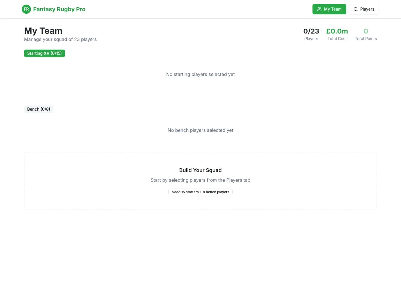 Fantasy Rugby Web App with Team Management and Player Search