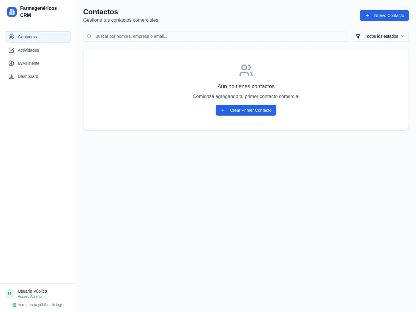 Farmagenericos Colombia CRM: Plataforma intuitiva para gestión de contactos comerciales farmacéuticos
