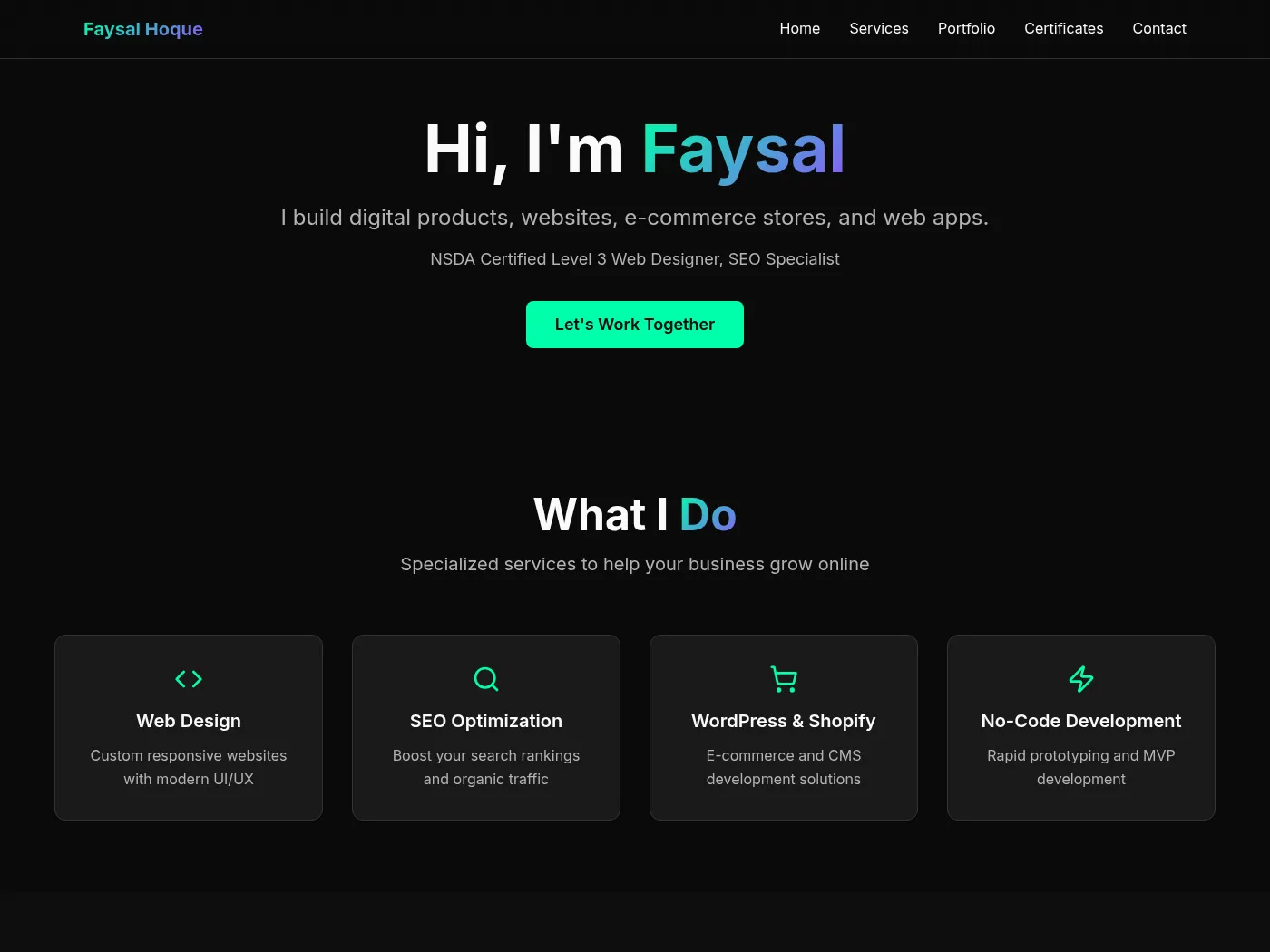 Faysal Hoque Portfolio – Neon Dark Theme Web Designer & SEO Specialist