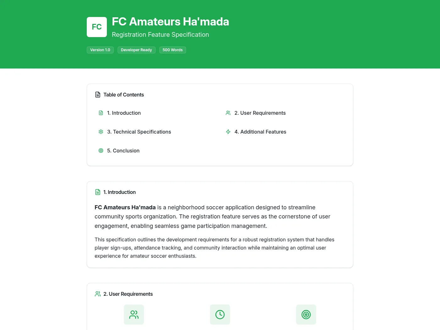FC Amateurs Ha’mada Soccer Game Registration Feature Specification