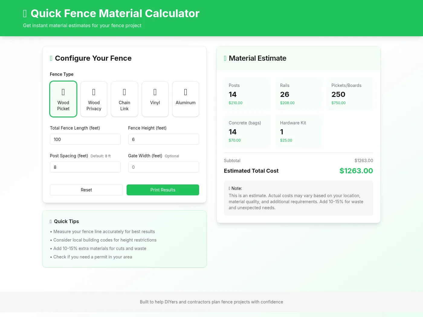 Quick Fence Material Calculator