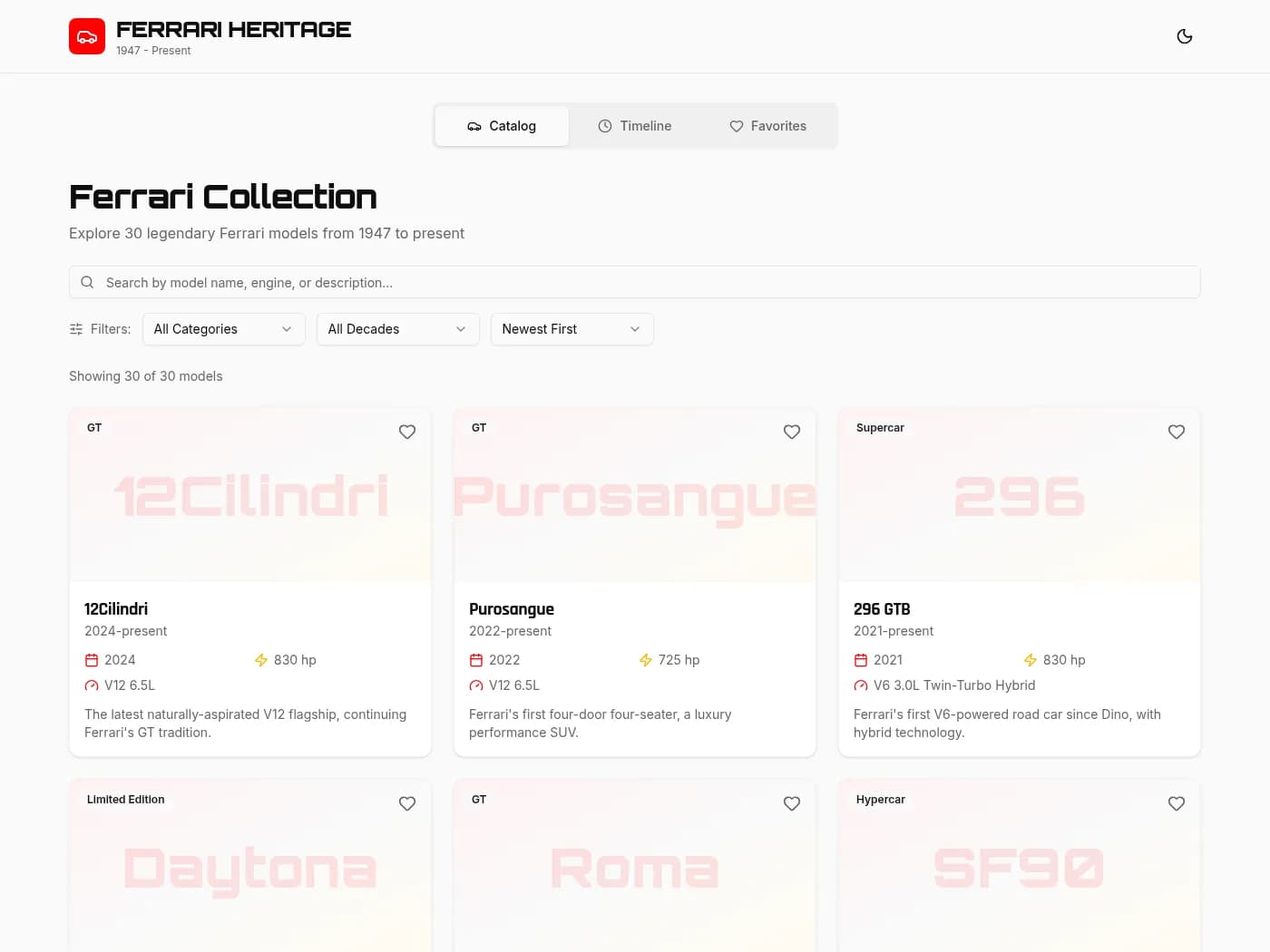 Ferrari Heritage Explorer – Interactive Catalog of Every Ferrari Model (1947–Present)