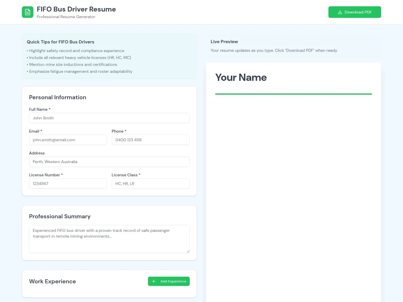 FIFO Minesite Bus Driver Resume Generator