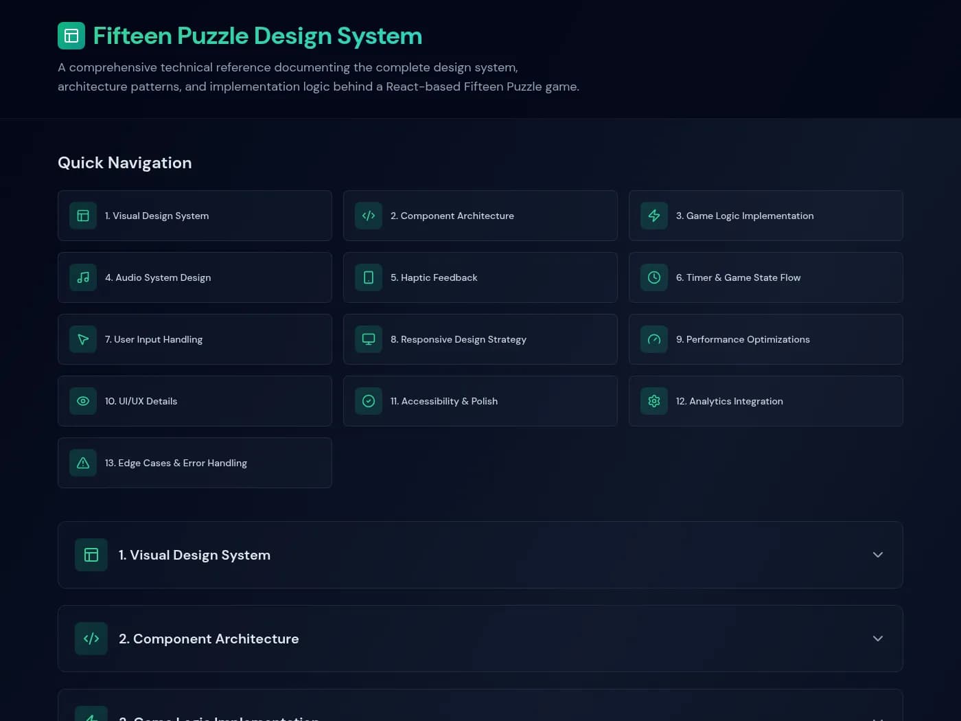 Fifteen Puzzle Game Design System Documentation Landing Page