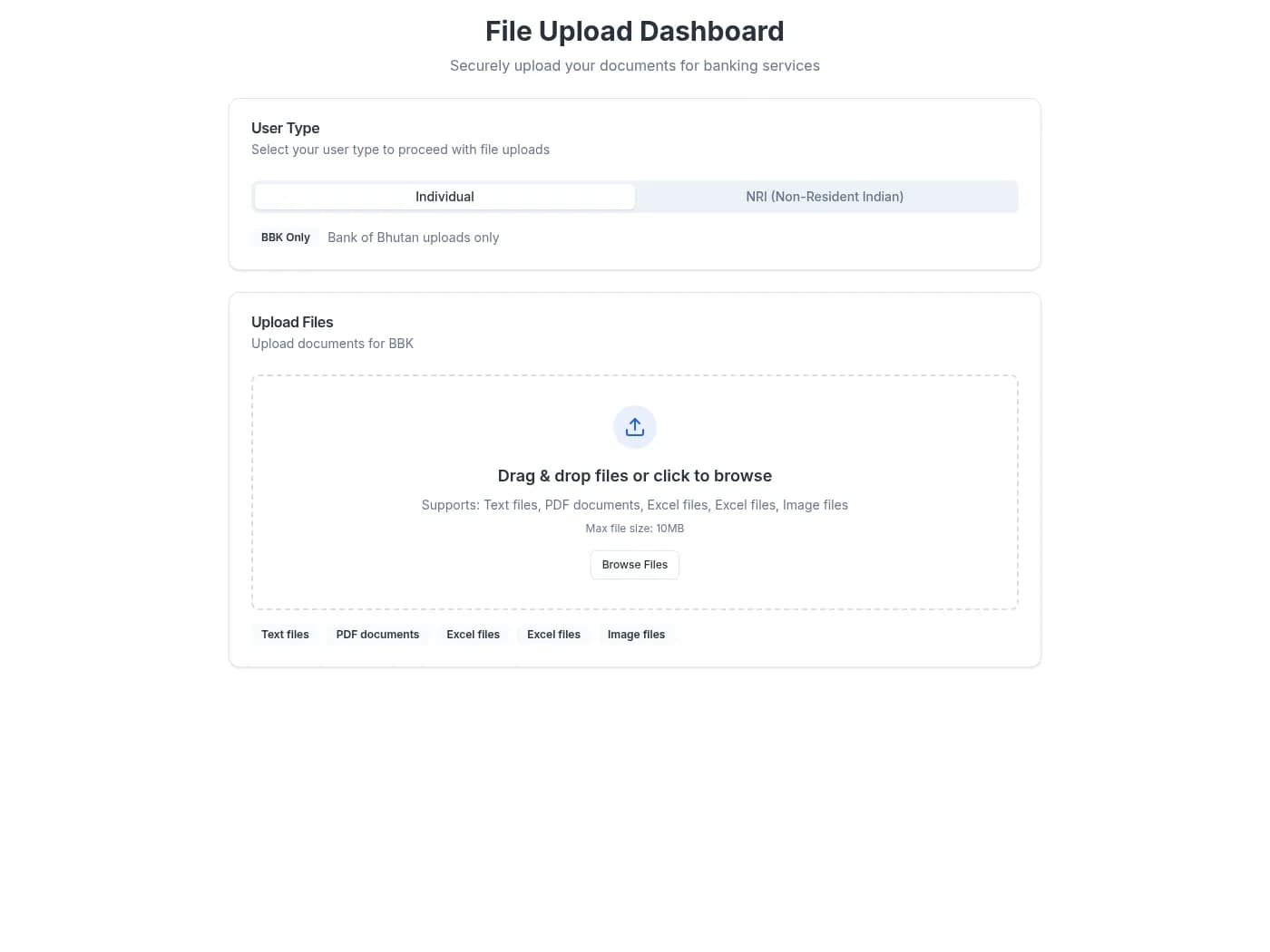 File Upload Dashboard for INDIVIDUAL and NRI Users