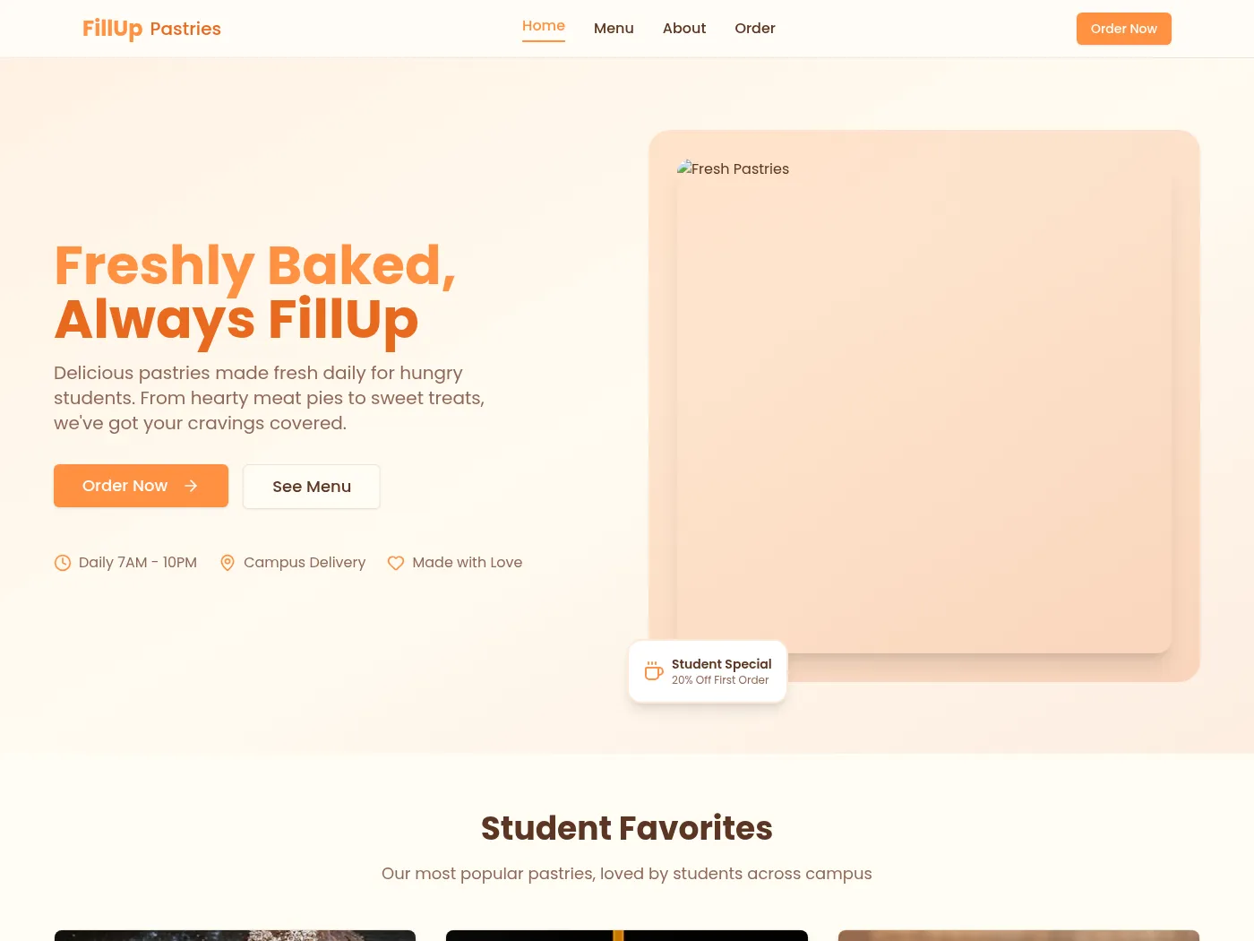 FillUp Pastries Web Experience – Modern Campus Bakery Site