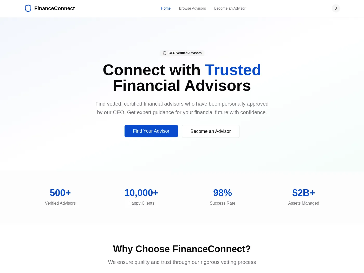 Financial Advisor Marketplace with CEO Verification