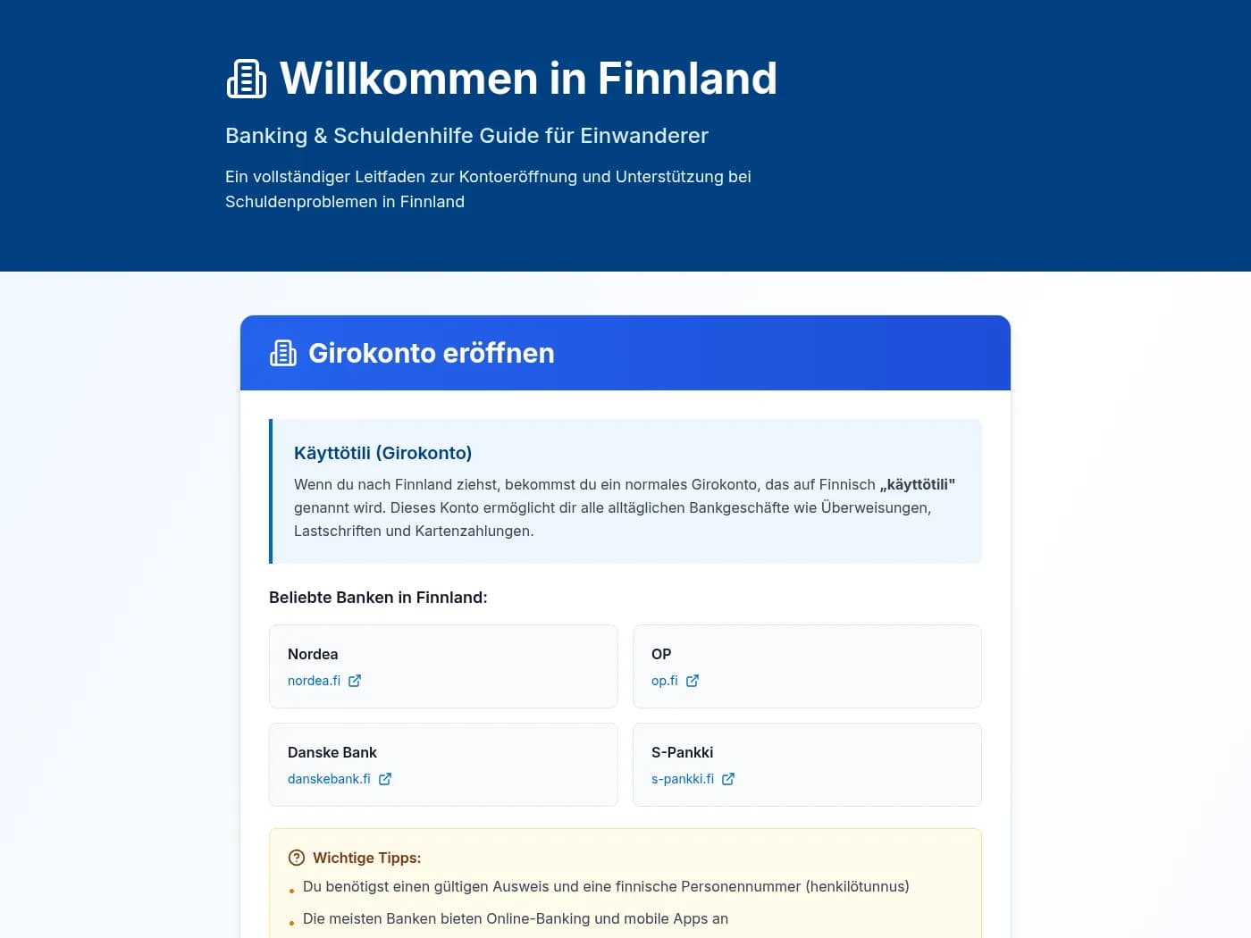 Finnland Konto-Öffnungs- und Schuldenhilfe Guide