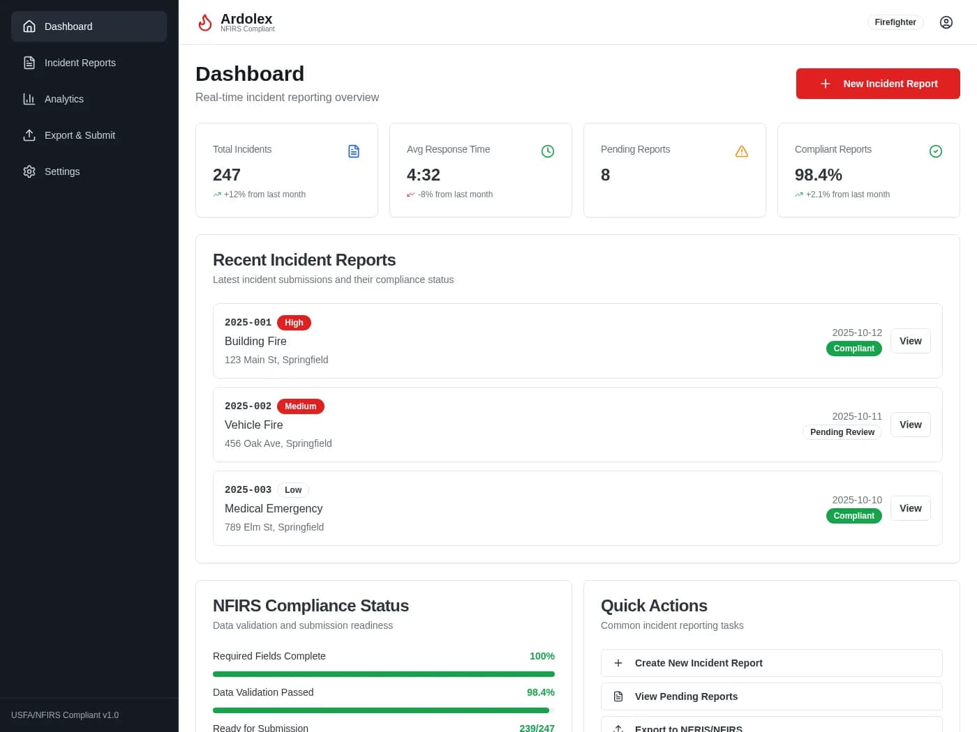 Ardolex Fire Incident Reporting UI (USFA Compliant)