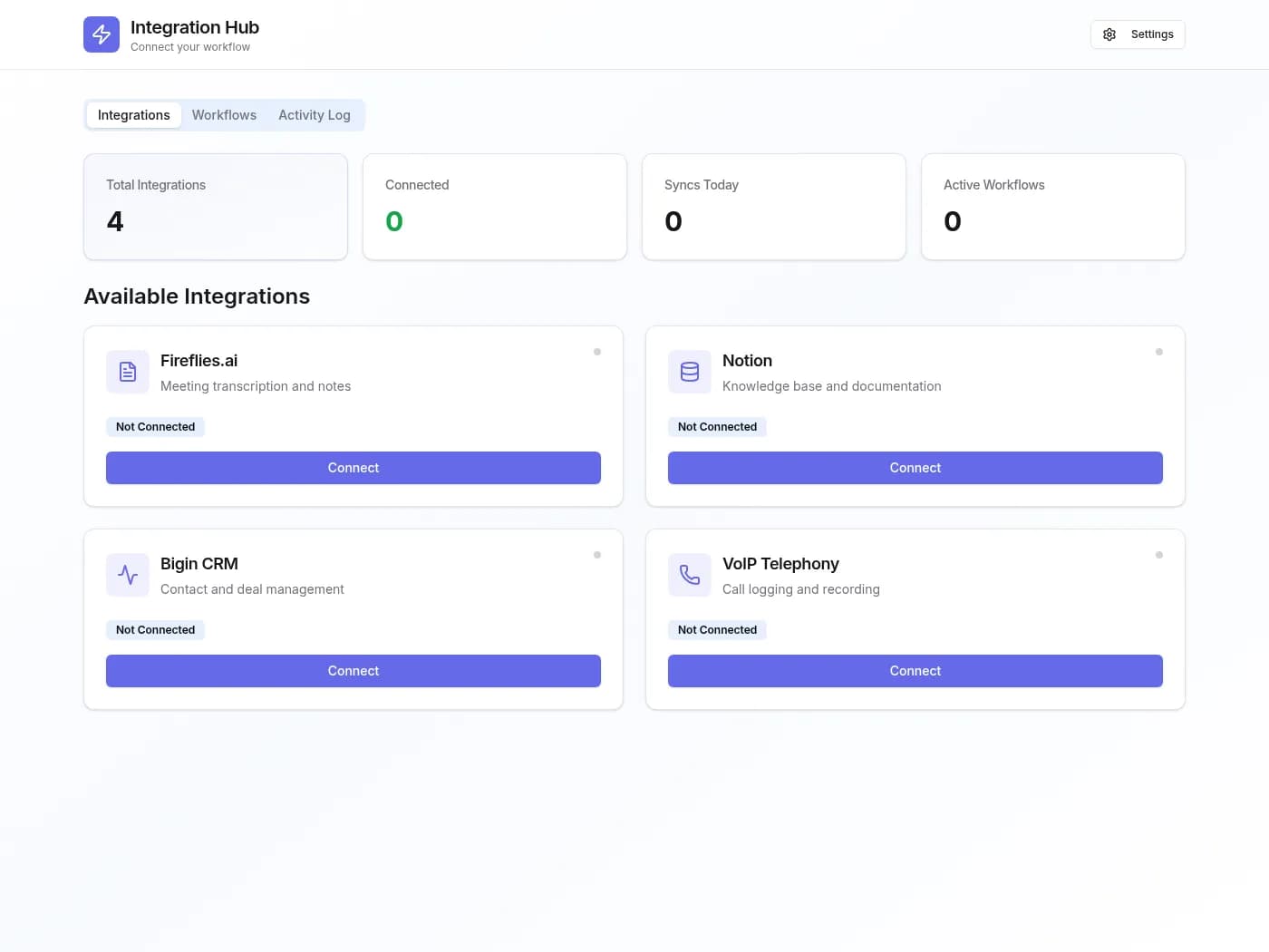 Unified Fireflies.ai, Notion, Bigin CRM, and VoIP Telephony Integrator