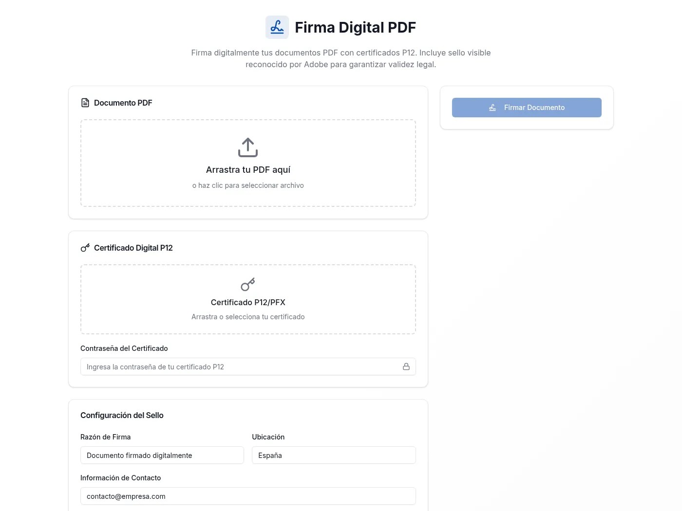 Web para Firma Digital de PDF con Certificado P12 y Sello Reconocido por Adobe
