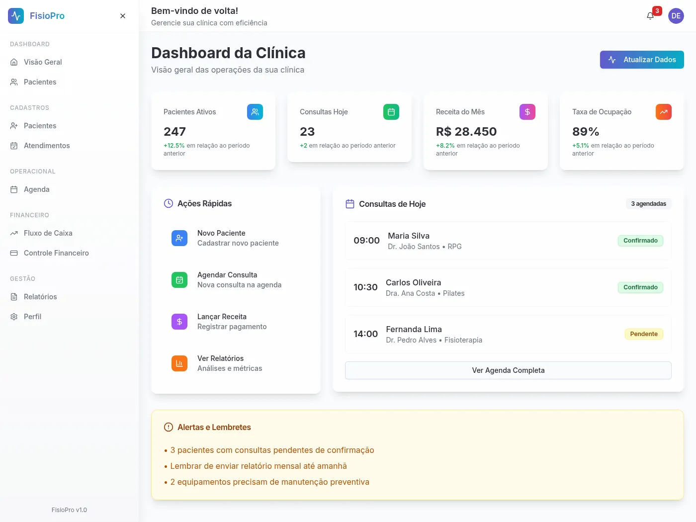 FisioPro – Plataforma Completa de Gestão para Clínicas de Fisioterapia com IA e UX de Alto Nível
