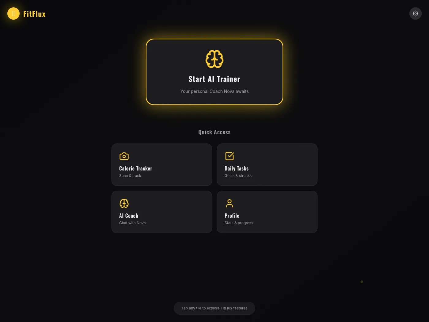 FitFlux — Premium Animated Dark-Themed Fitness App with Cinematic AI Trainer & Calorie Tracker