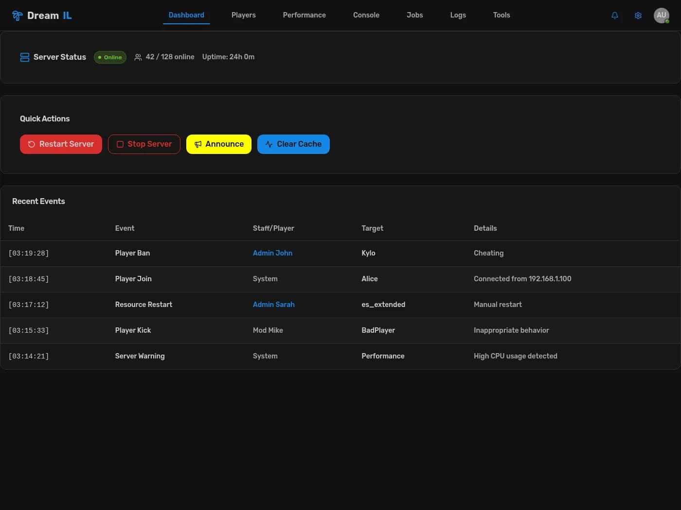 FiveM Admin Dashboard UI System & Schema-Driven Log Explorer