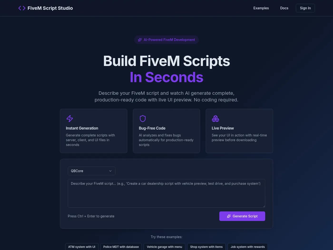 FiveM Script Studio – AI-Driven Script Generator Site with UI Preview