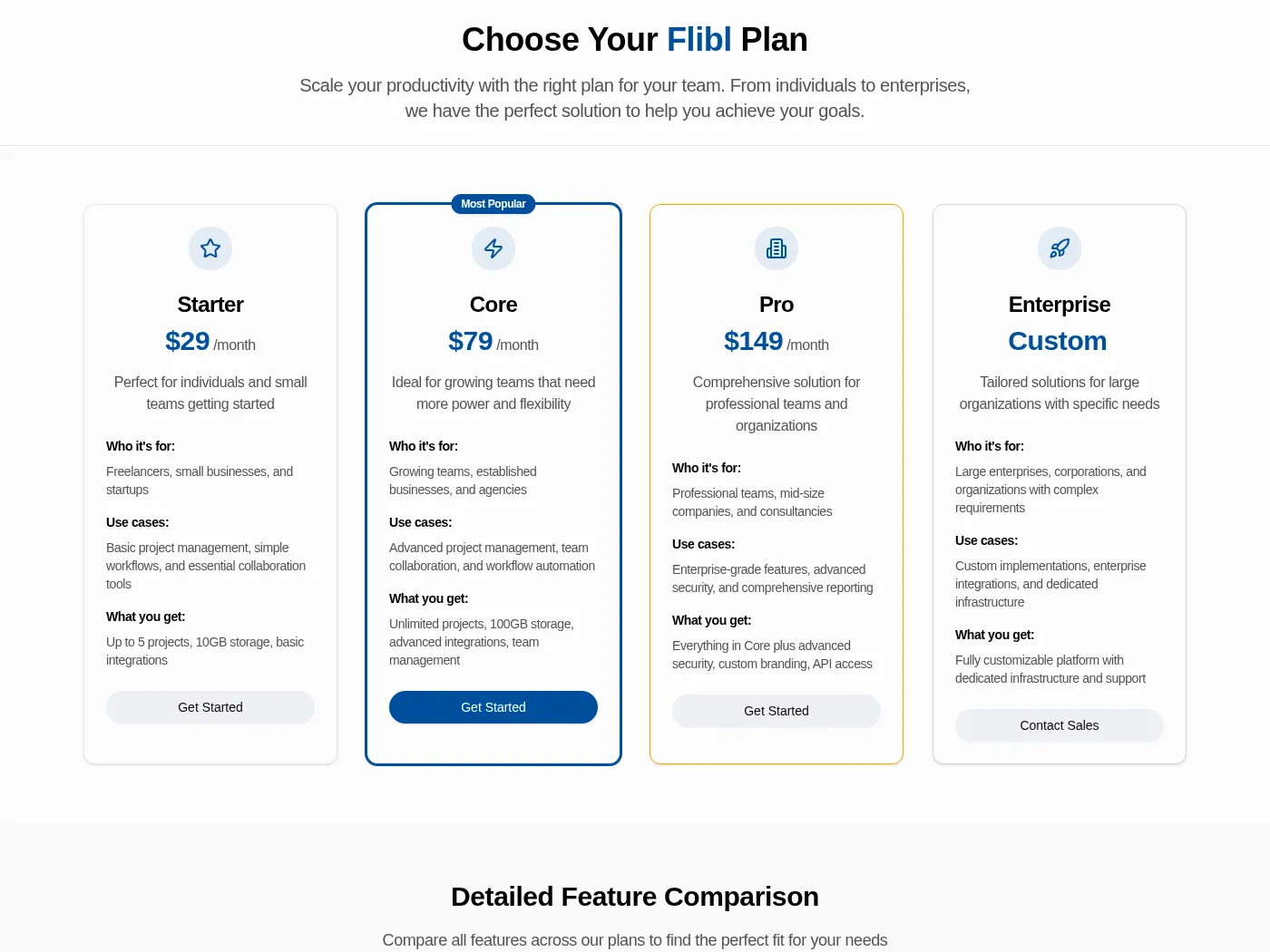 Flibl Pricing Page with Plan Comparison