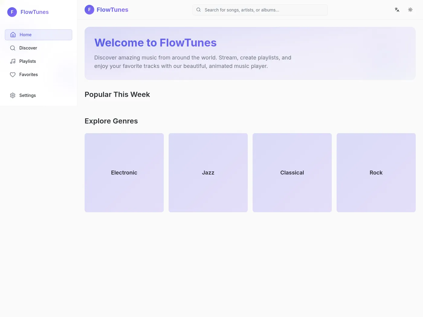 FlowTunes – Animated, Multilingual Music Streaming Web App