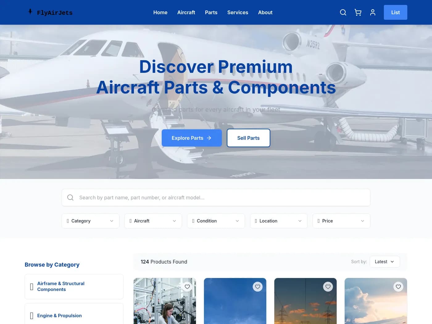 FlyAirJets Aircraft Parts & Components Marketplace Website