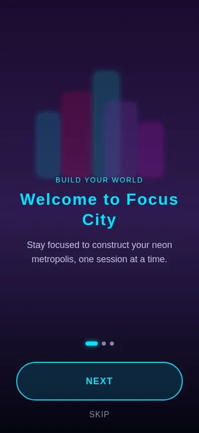 Focus City: Build Your Futuristic Neon Metropolis With Every Focus Session (Cyberpunk Mobile App Prototype)