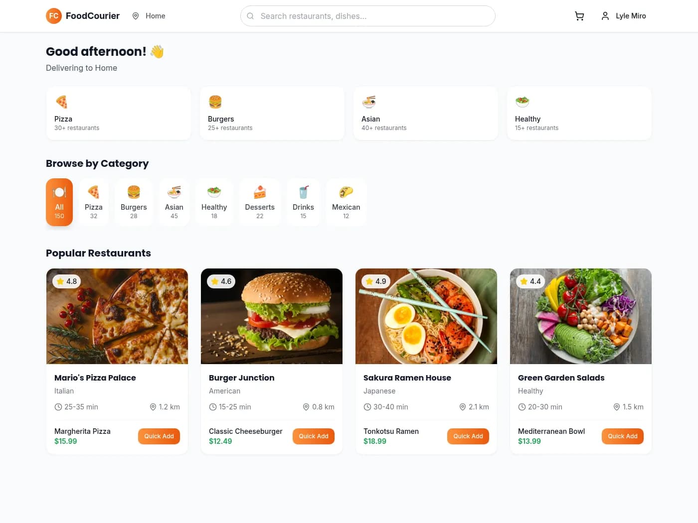 FoodCourier Eater Web App – Modern, Minimal Food Delivery UI