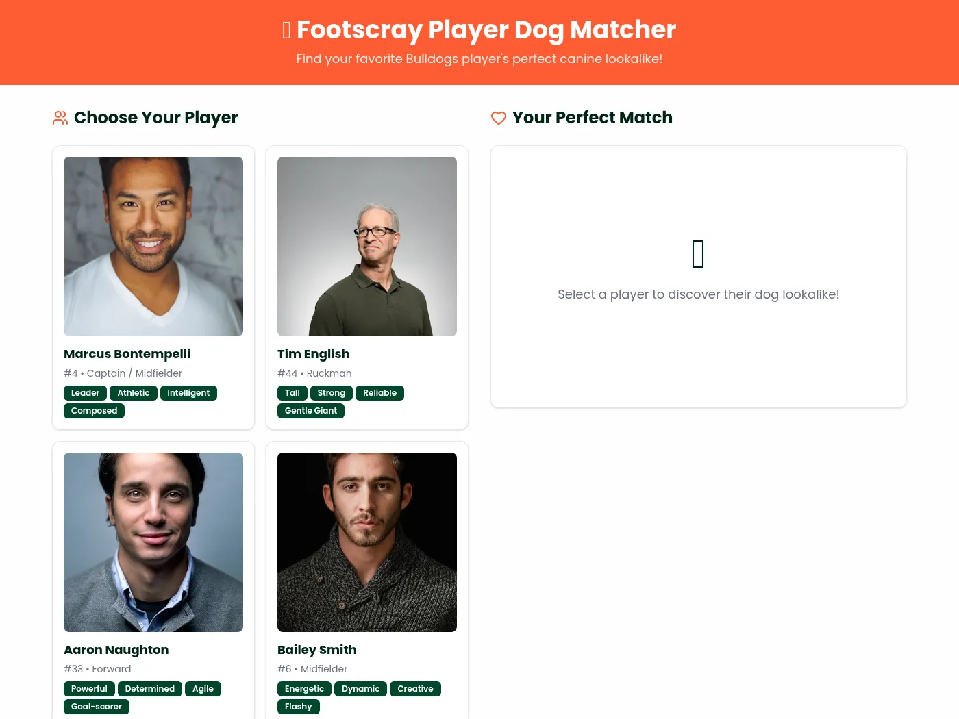 Footscray AFL Player to Dog Lookalike Matcher
