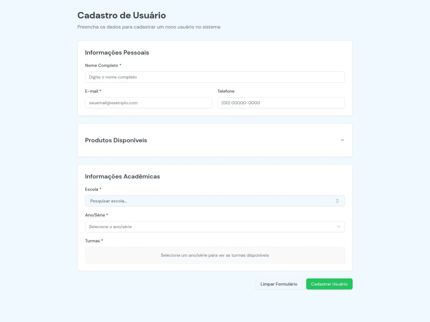 Educação Básica - Formulário de Cadastro de Escolas para Produtos Digitais