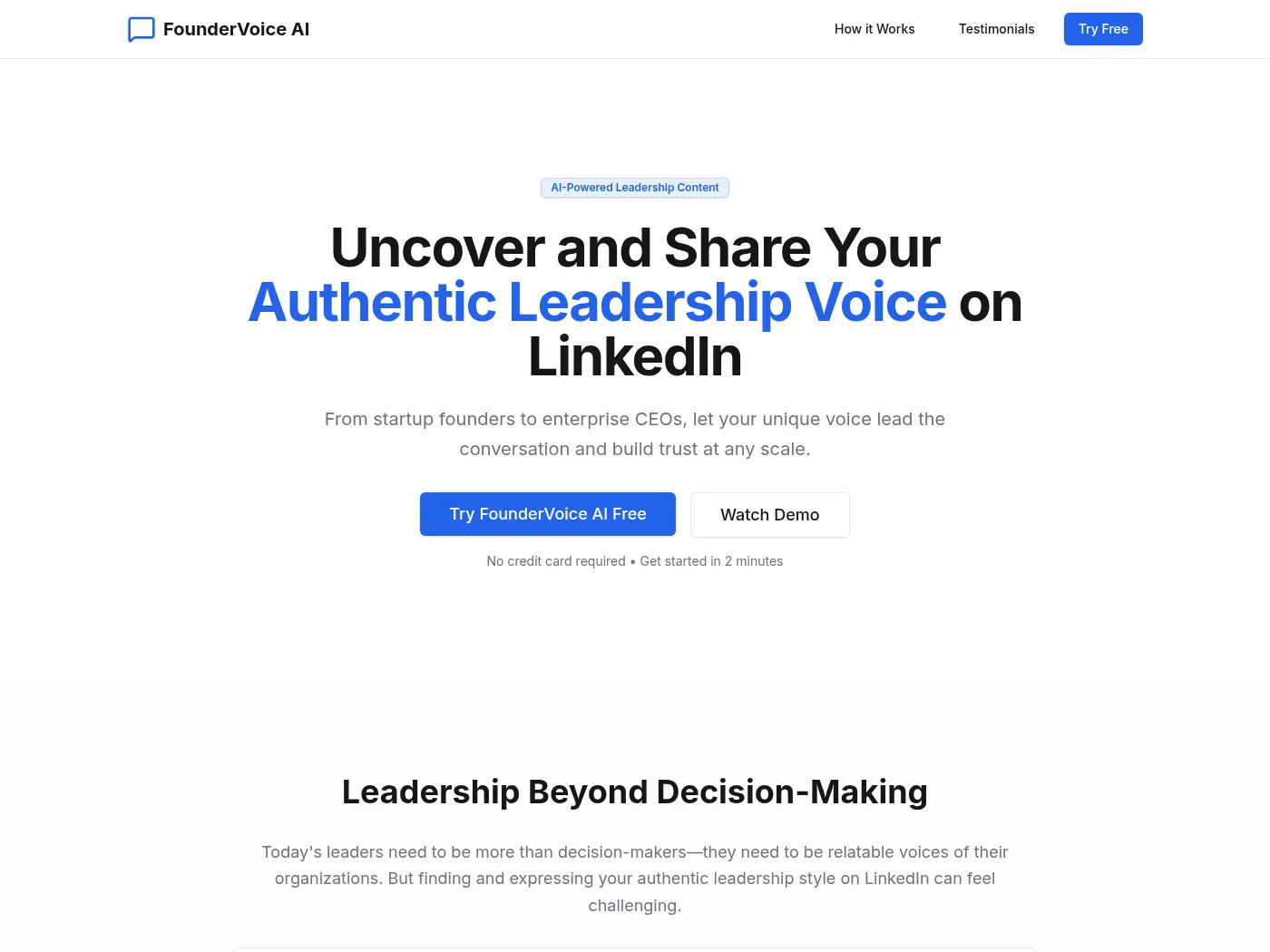 FounderVoice AI - Landing Page for Authentic Leadership on LinkedIn
