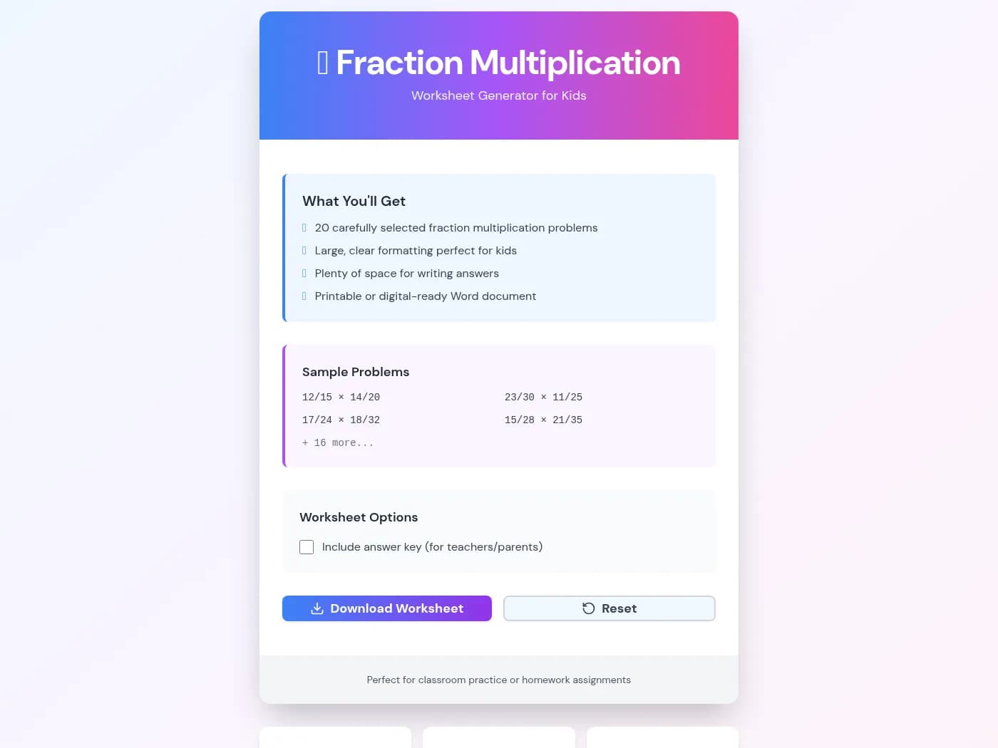 Fraction Multiplication Worksheet Generator for Kids