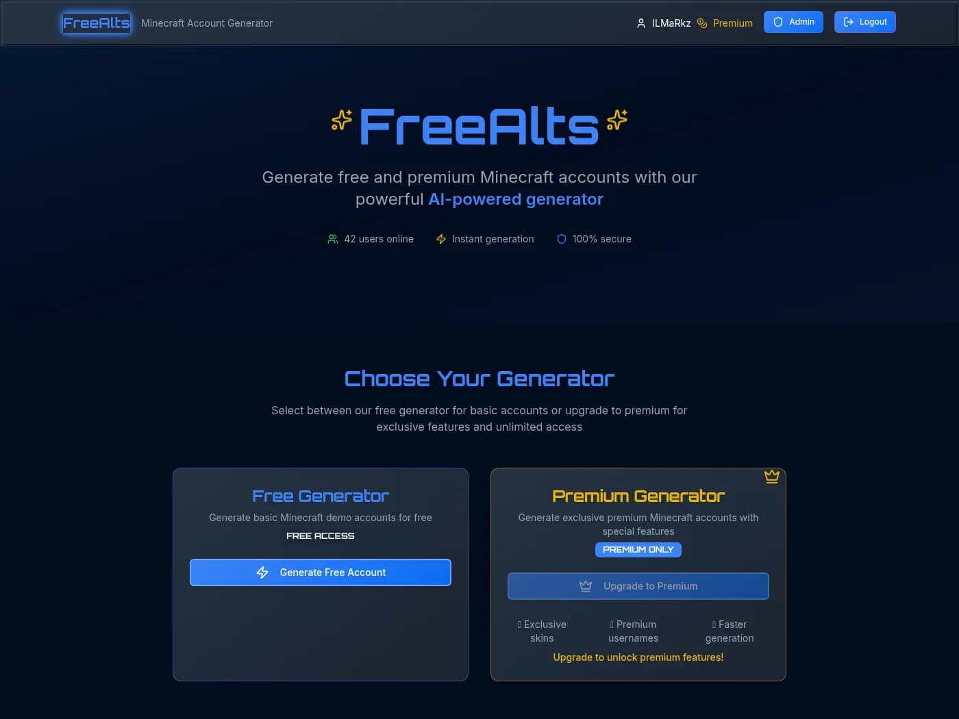 FreeAlts – Minecraft-Style Account Generator Web App