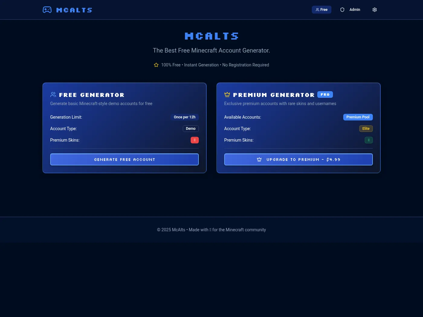 FreeAlts – Minecraft-Style Account Generator Web App
