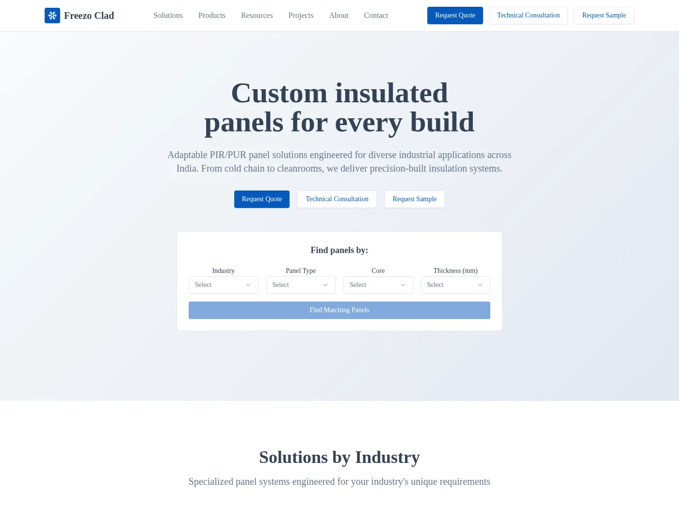Freezo Clad B2B Insulated Panel Lead-Gen Homepage