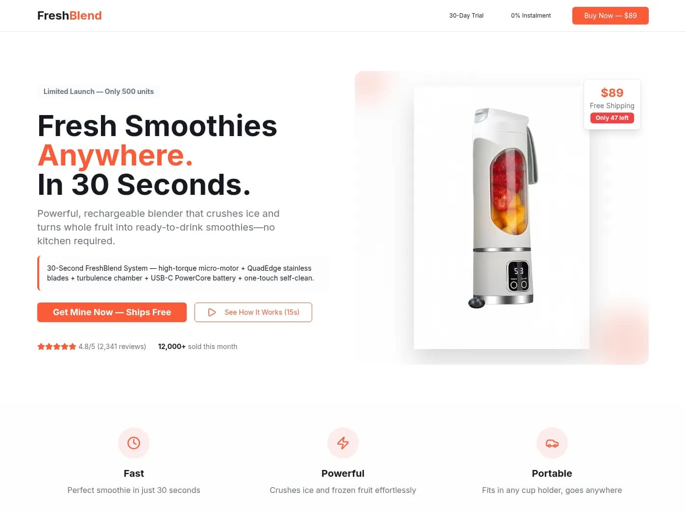 FreshBlend 30-Second Blender Premium Landing Page