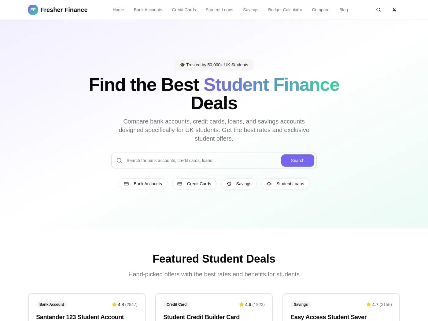 Fresher Finance - Student Financial Products Comparison Platform