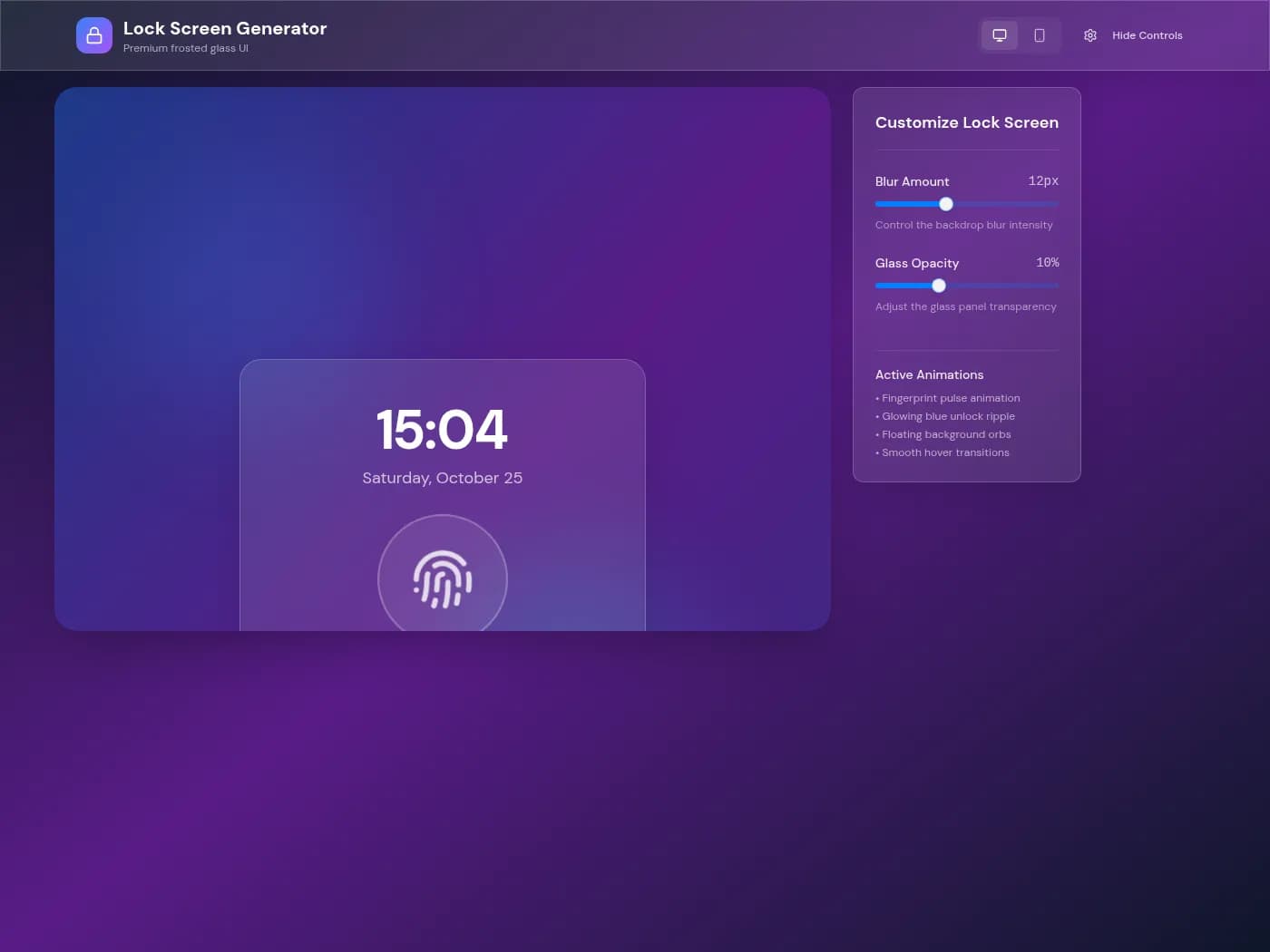 Sleek Frosted Glass Lock Screen UI Generator