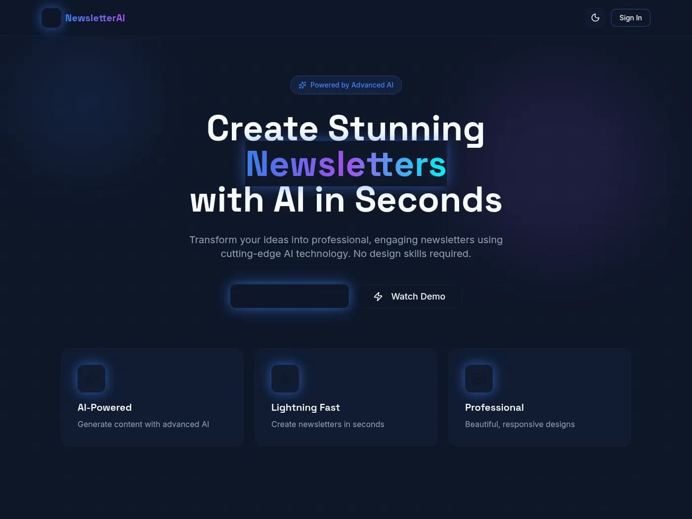 Futuristic AI-Powered 3D Newsletter Creator SaaS