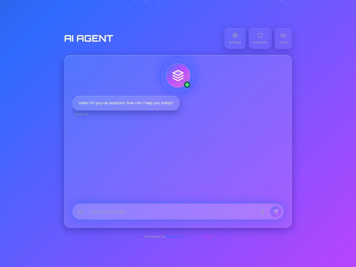 Futuristic AI Agent Interface with Glassmorphism and Animated Gradients