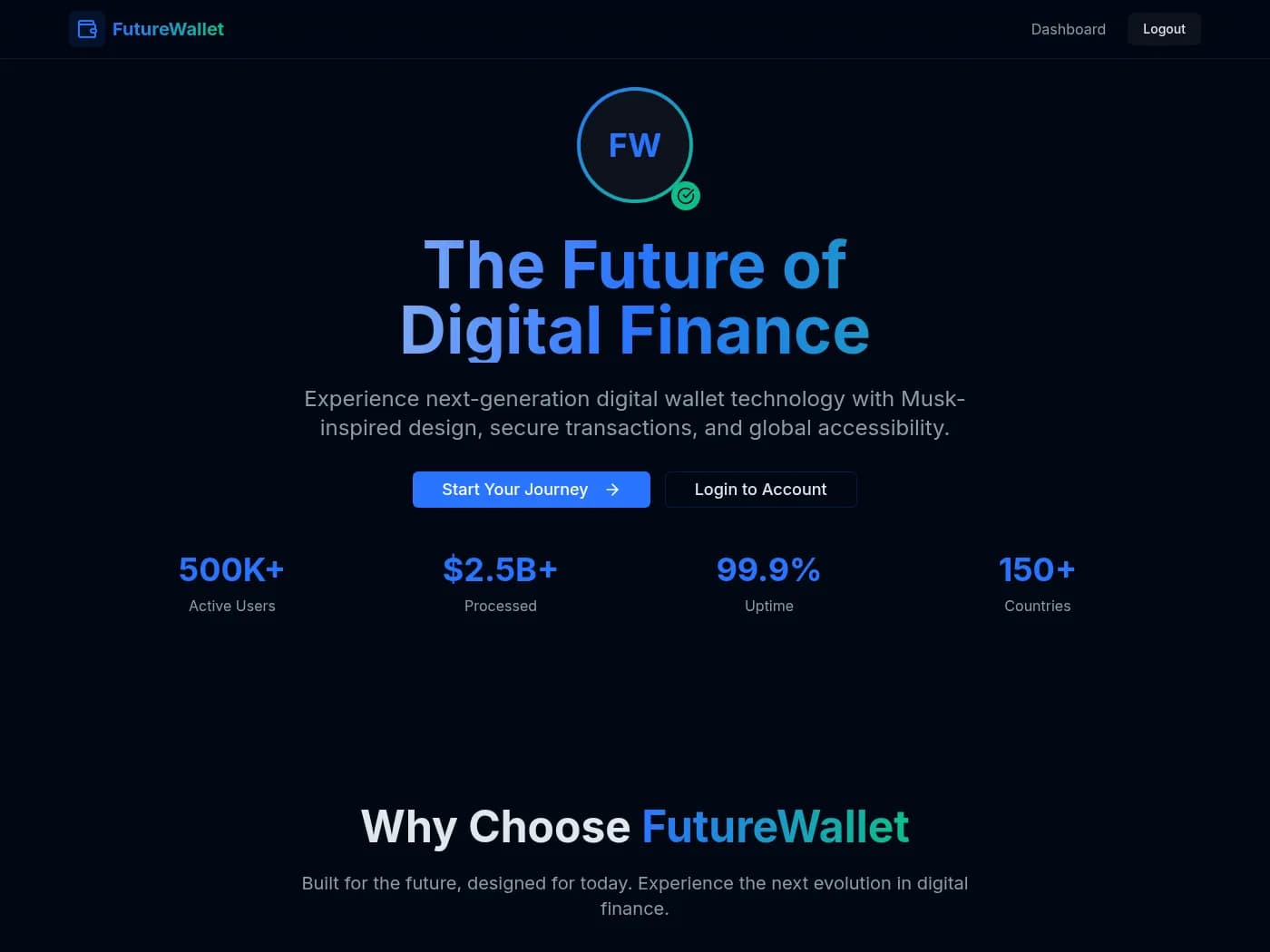 Futuristic Digital Wallet Platform with Real-Time Support and Admin Dashboard