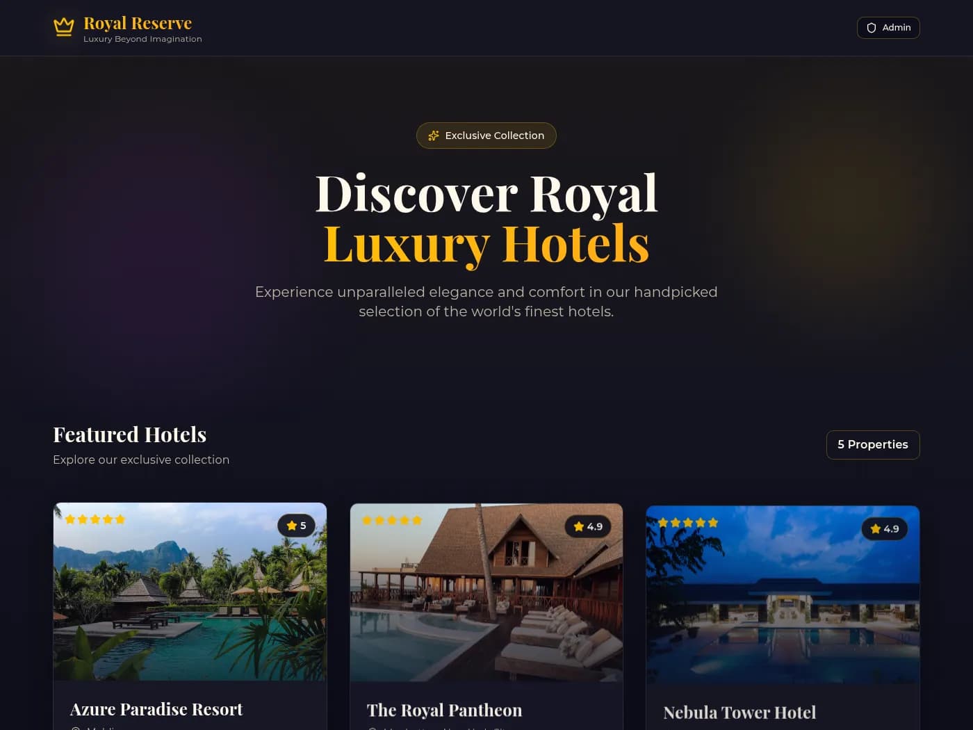 Futuristic Royal Hotel Booking Webapp