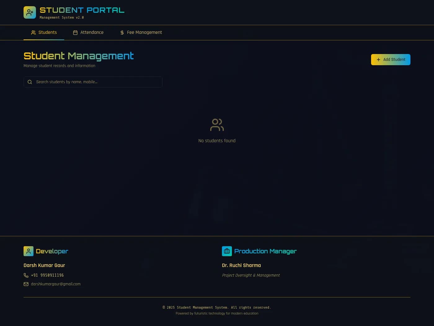 Futuristic Student Project & Fee Management Dashboard