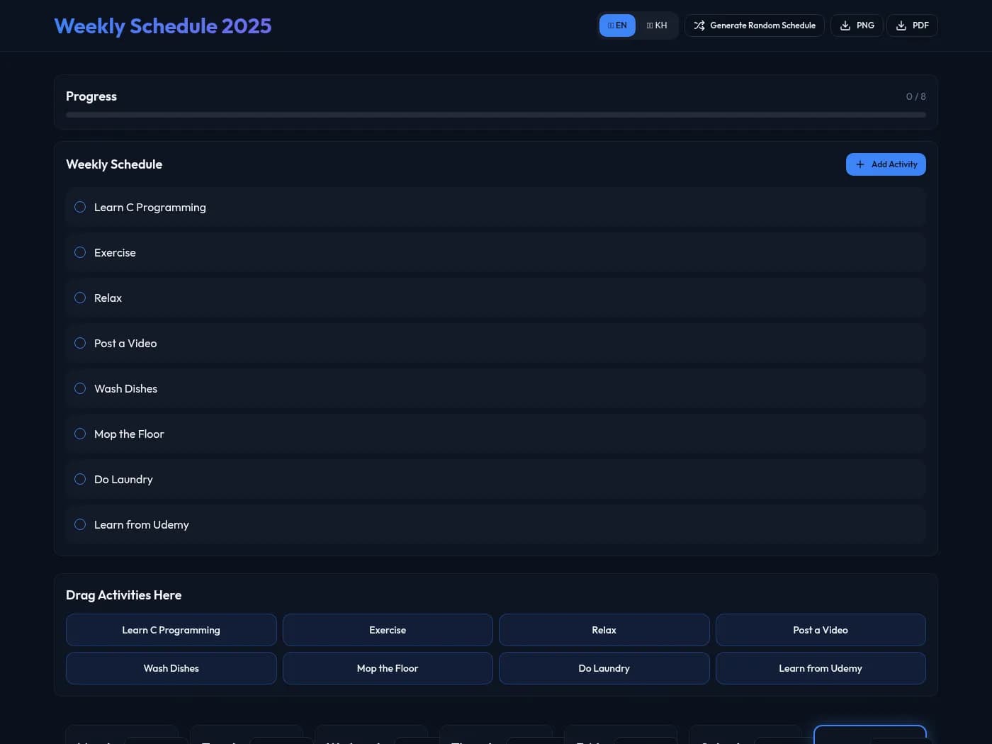 Futuristic 2025 Weekly Schedule Web App with Khmer & English Support