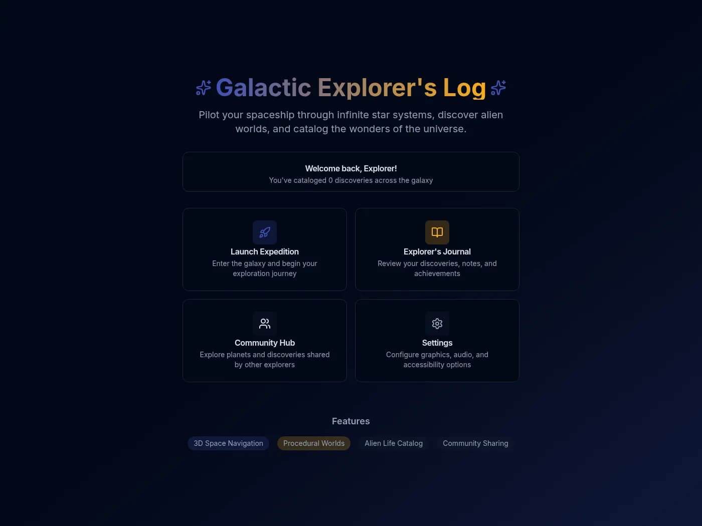 Galactic Explorer’s Log – 3D Web-Based Procedural Galaxy Adventure on Blink.new