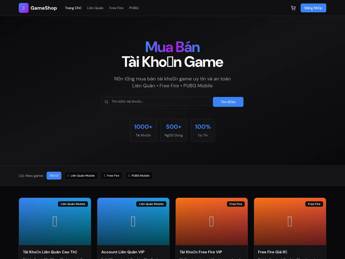 Game Account Marketplace Website for Lien Quan, Free Fire, and PUBG