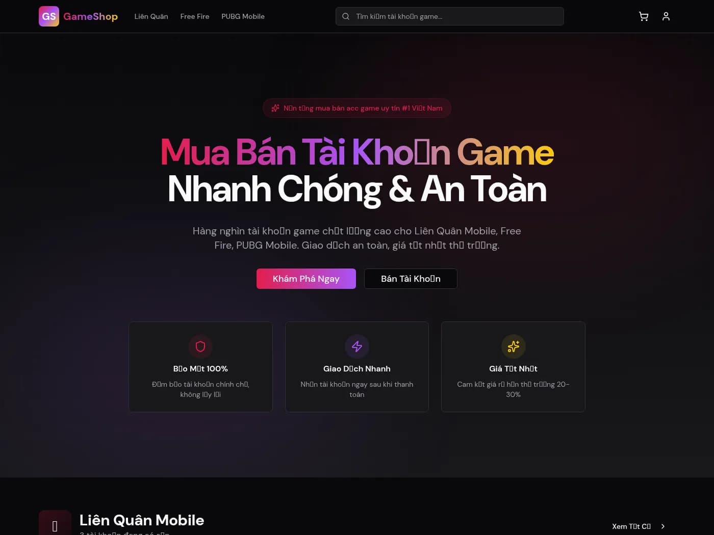 Game Account Shop Web for Lien Quan, Free Fire, and PUBG