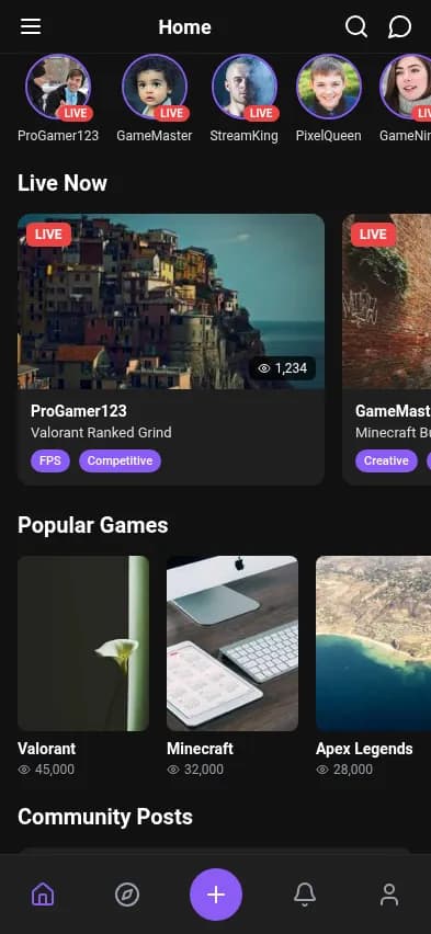 GameHUB: Gaming Community Social App UI (Omlet-like, No Live Streaming)
