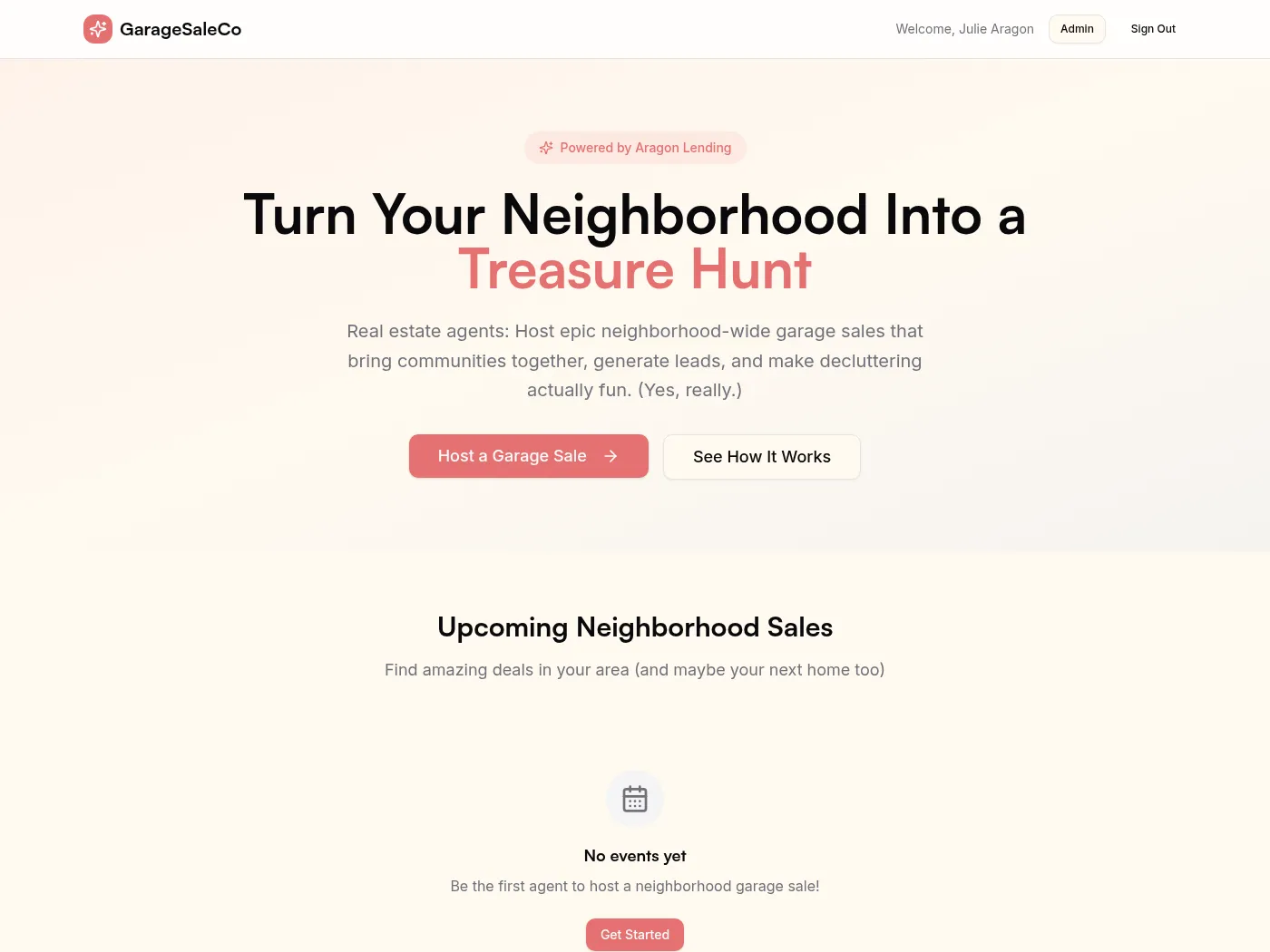 GarageSaleCo: Neighborhood Garage Sale Platform (Co-branded by Aragon Lending)