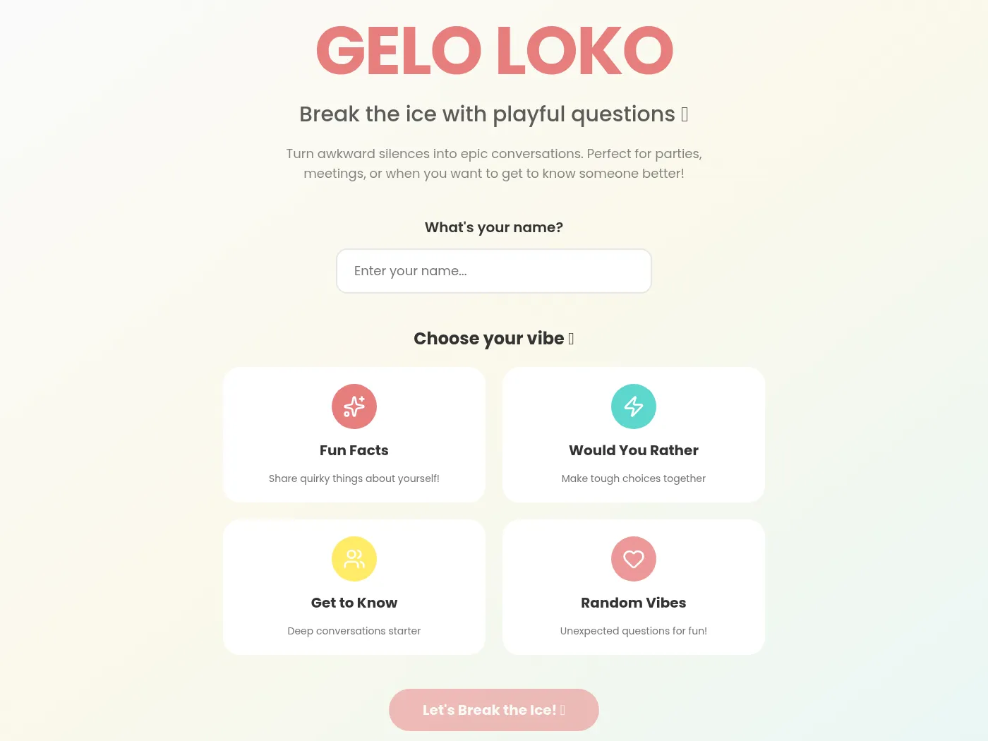 GELO LOKO: Fun Social Icebreaker Web App