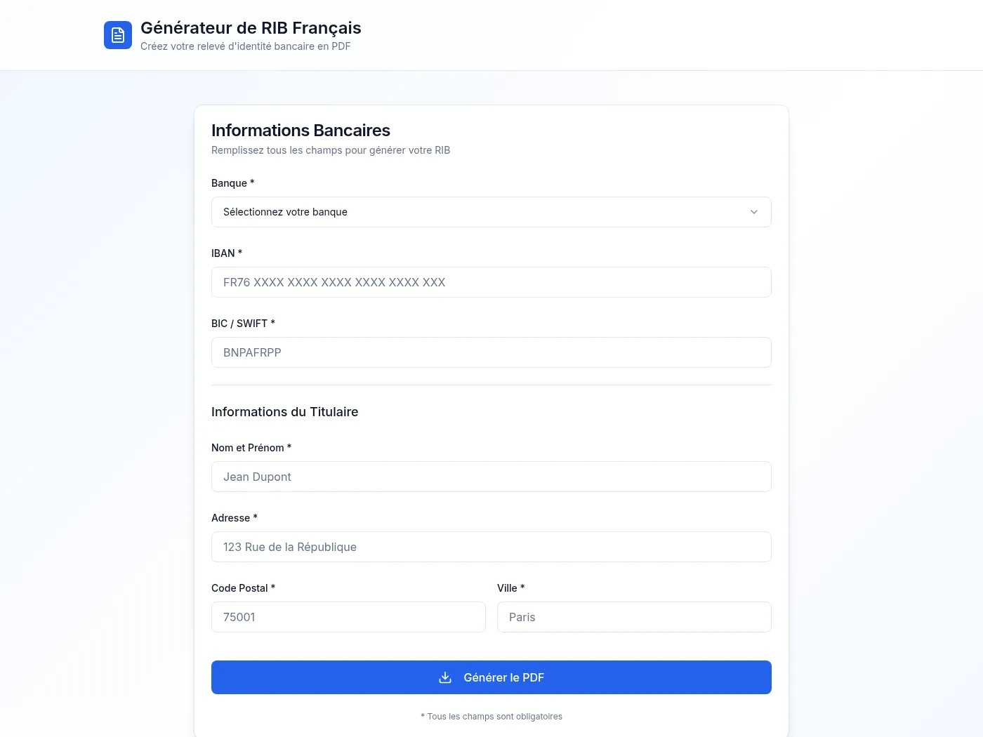 Générateur de RIB Français avec Formulaire et PDF