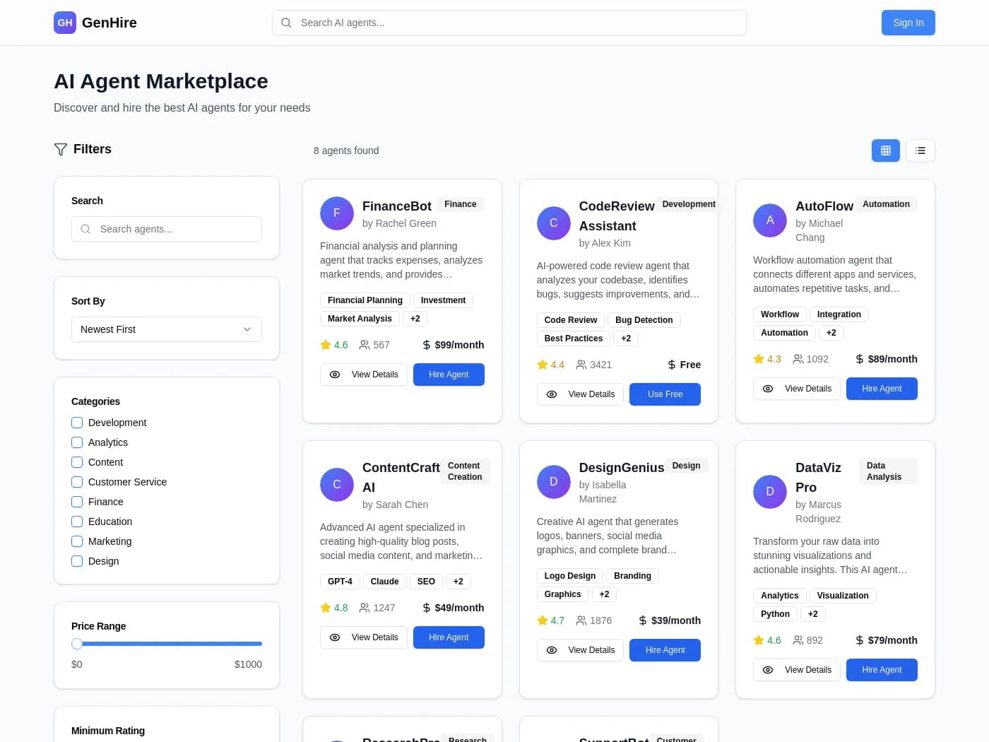 GenHire - AI Agent Marketplace Platform